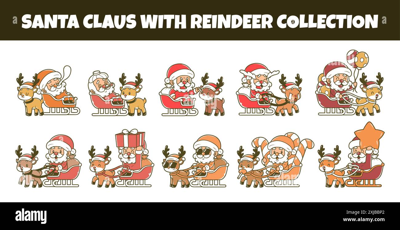 Collection of Santa Claus and reindeer characters in hand drawn style ...