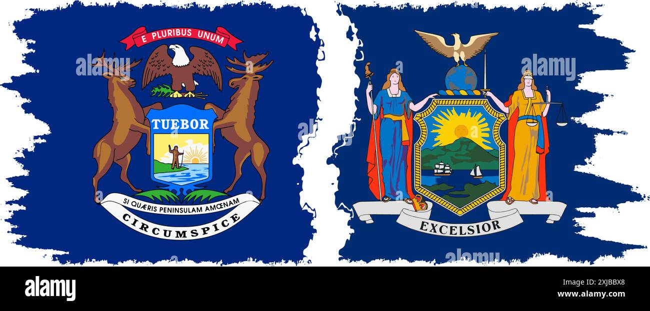 New York and Michigan states grunge brush flags connection, vector ...