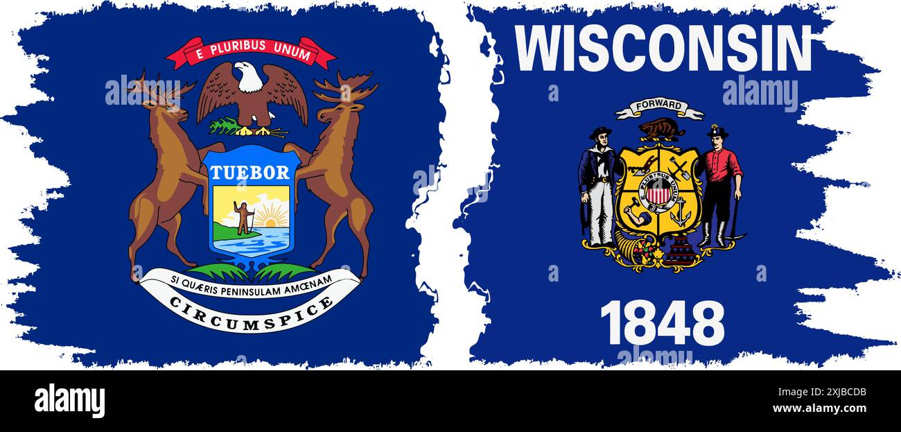 Wisconsin and Michigan states grunge brush flags connection, vector ...