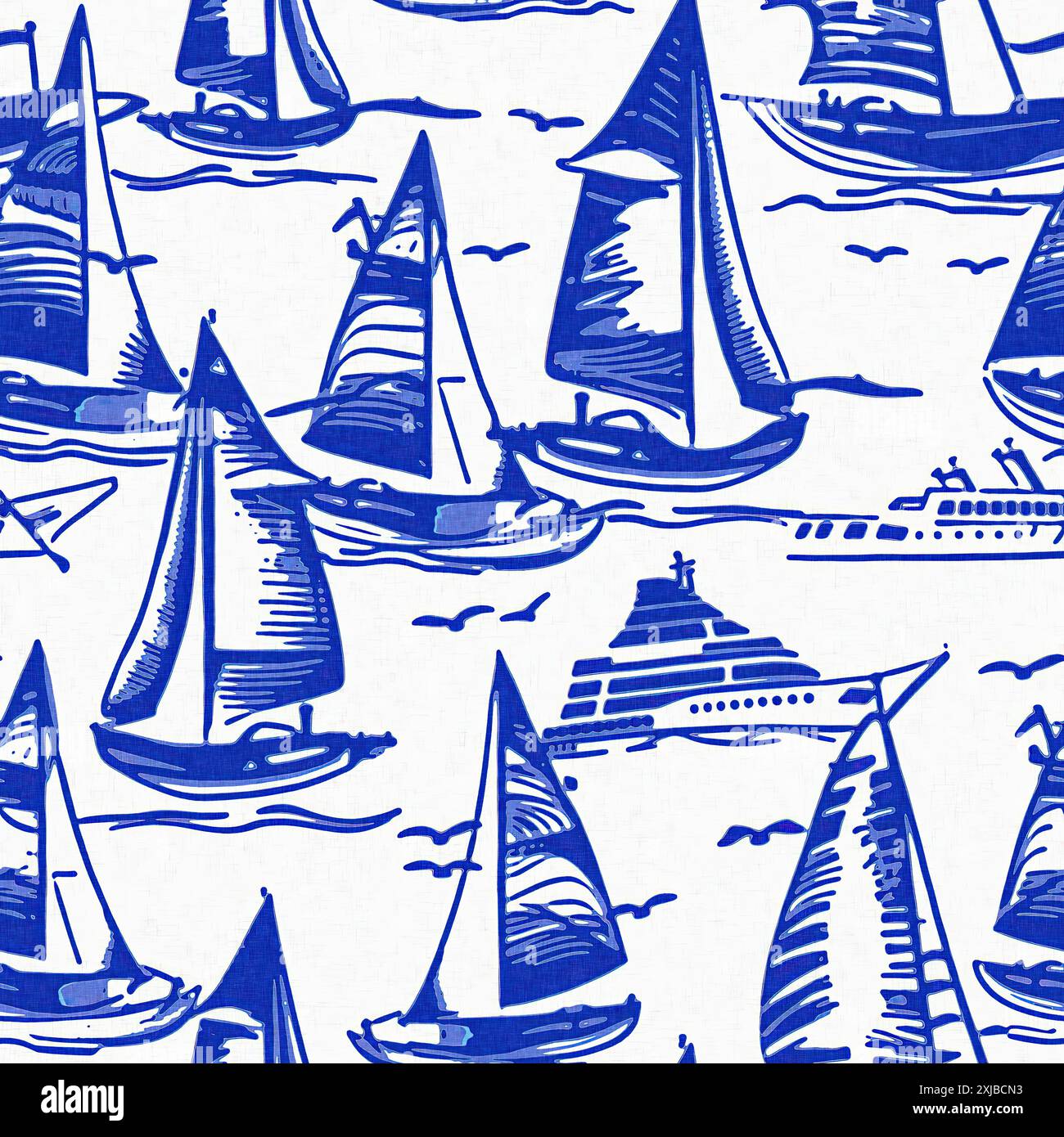 Coastal sail boat in azure ocean blue seamless background, Modern ...