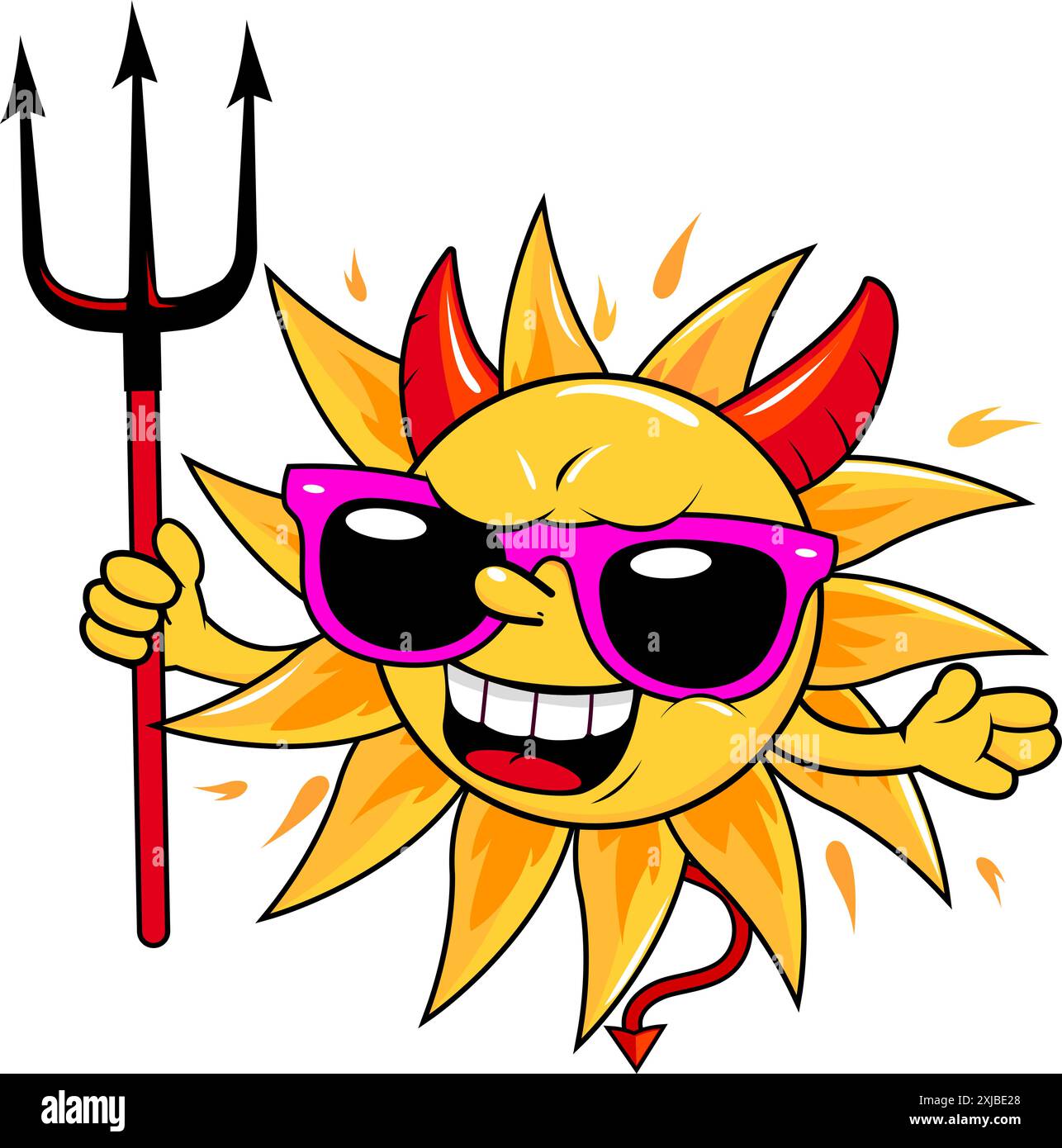 Cartoon burning hot sun character with trident, sunglasses and red ...