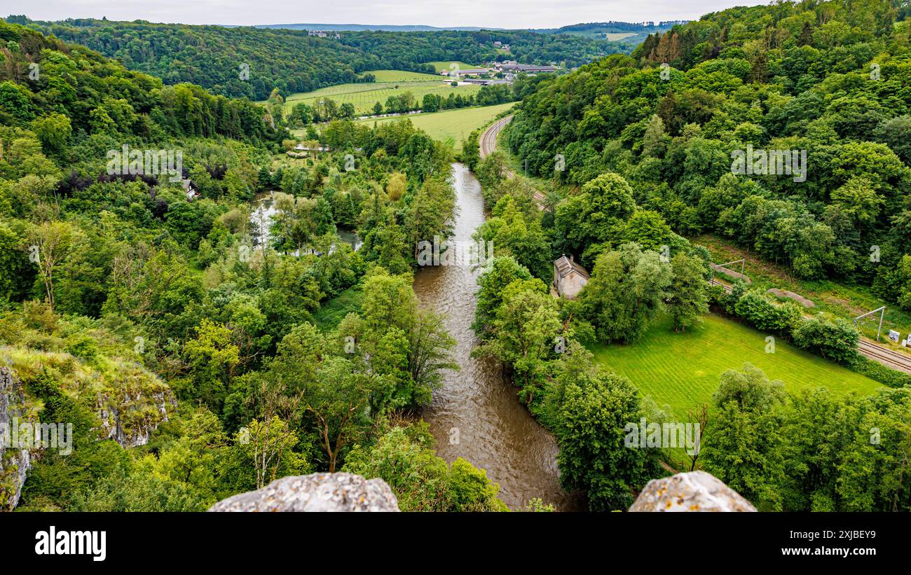 Valley with abundant green leafy trees and Ourthe river with abundant ...