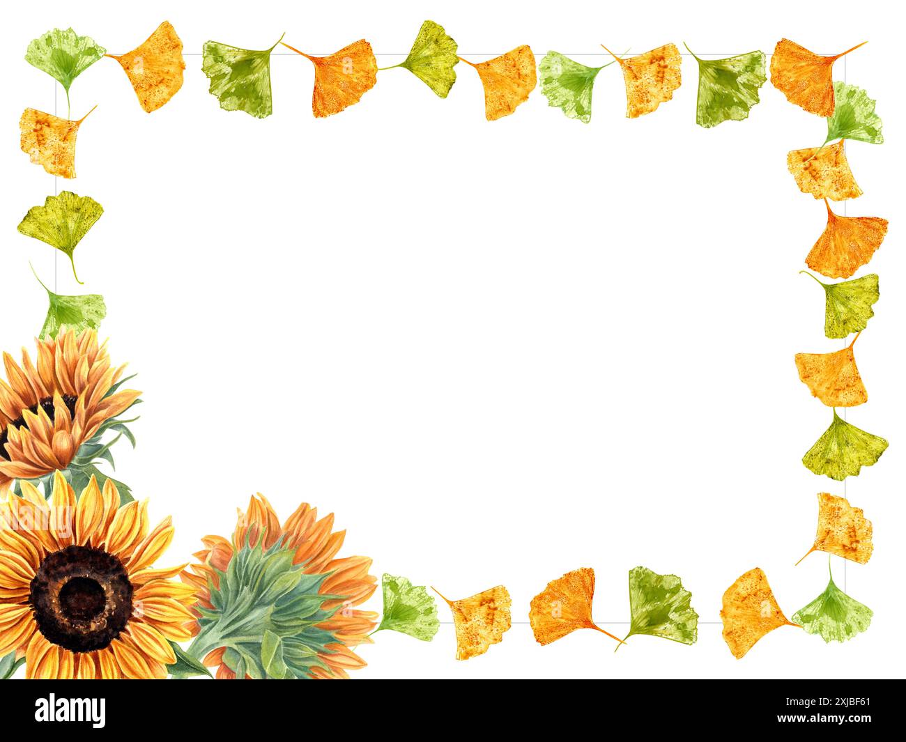 Shiny sunflower bouquet and gingko leaves. Horizontal frame of autumn ...