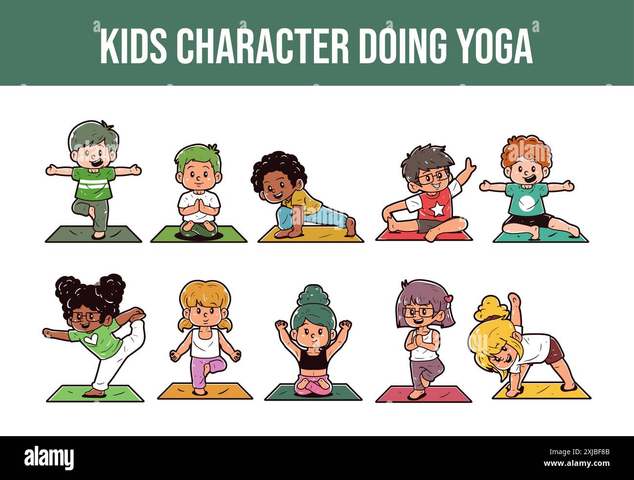 Kids character doing yoga vector illustration set Stock Vector Image ...