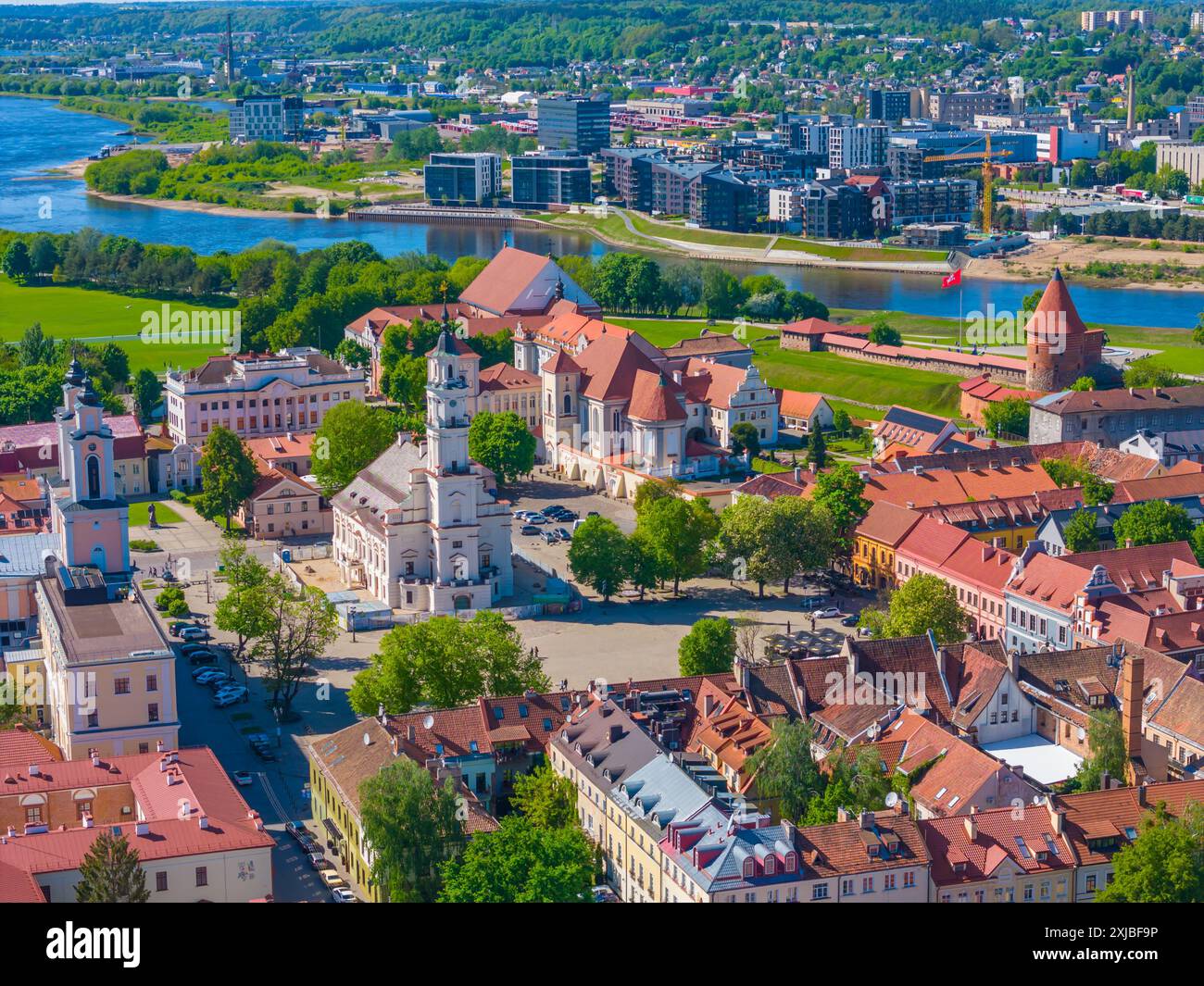 Town hall and square in Kaunas old town, Lithuania. Panoramic drone ...