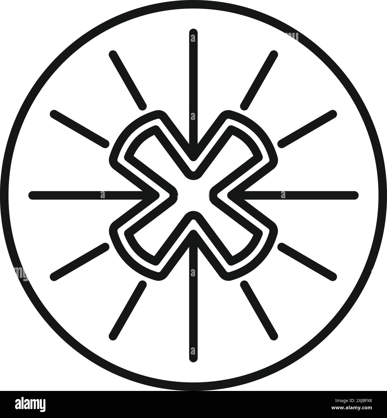 Simple black and white round button icon with a cross shape shining ...