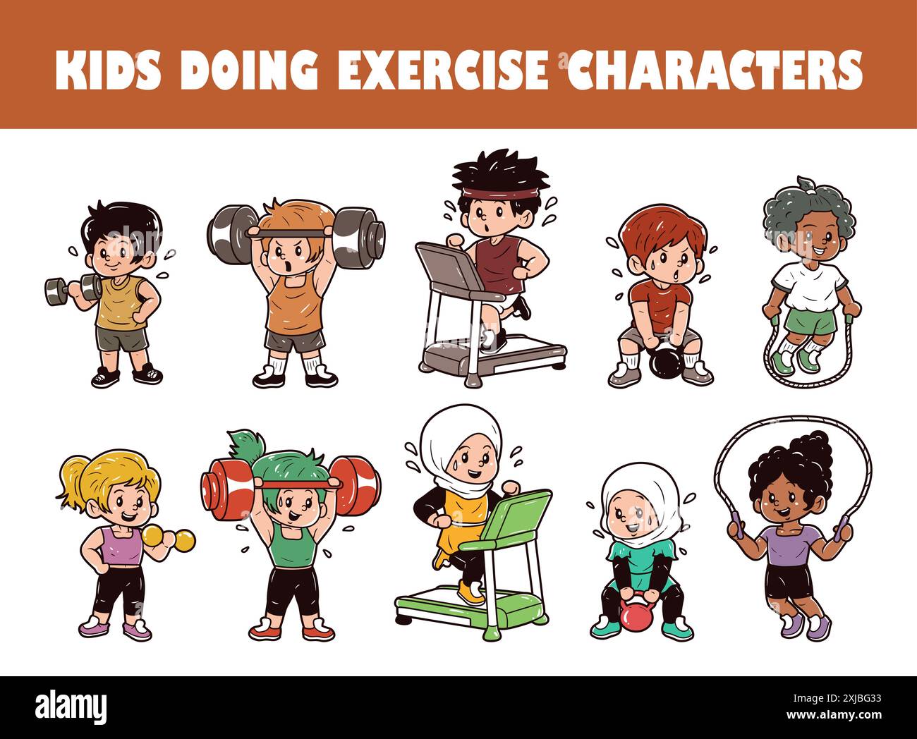 Kids doing exercise character vector illustration set Stock Vector ...