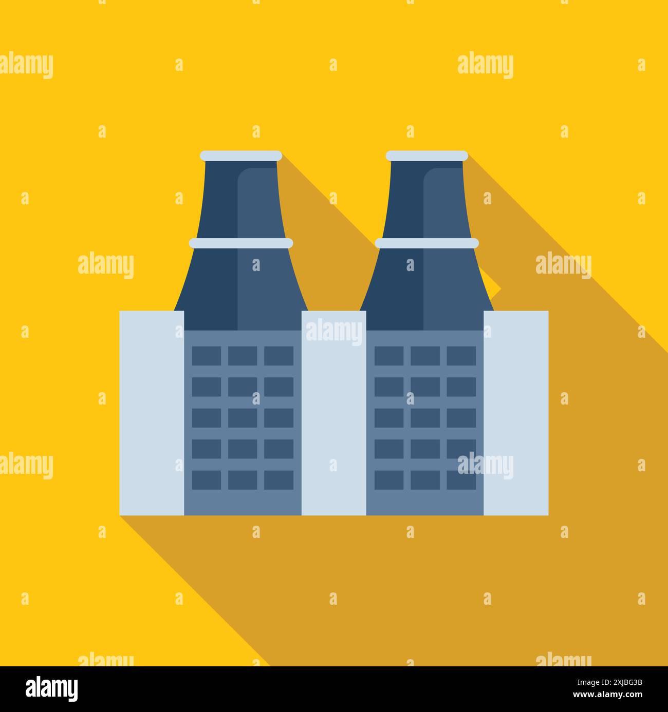 Two industrial cooling towers are releasing steam from an urban power ...