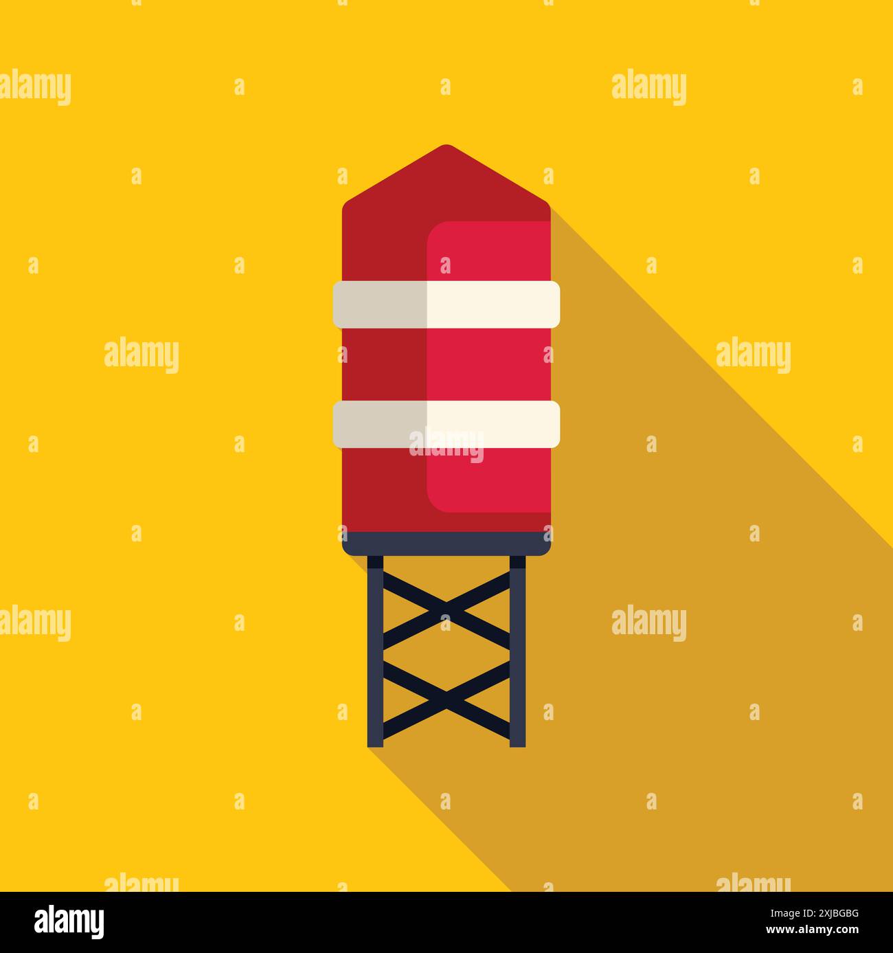 Red water tower standing on support legs on a yellow background ...