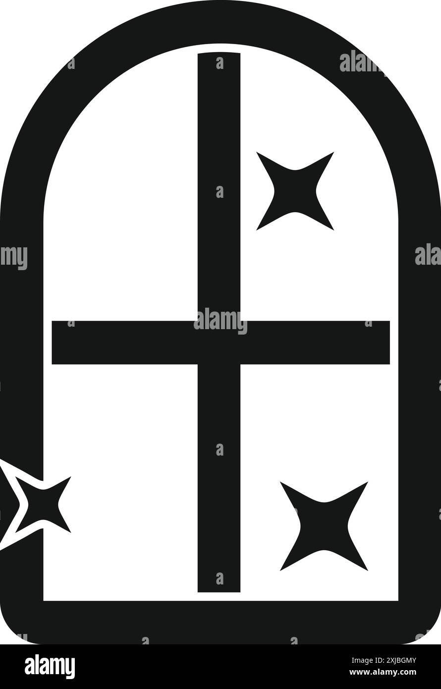 Black and white icon of an arched window with broken glass and shining ...