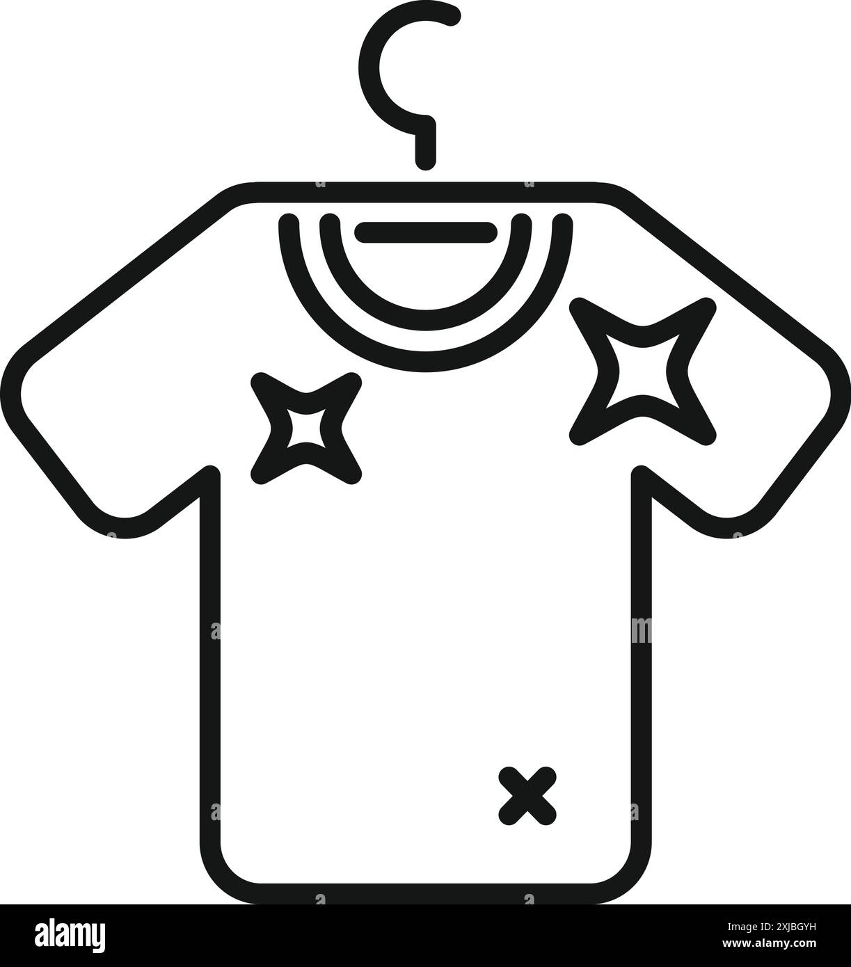 Simple line drawing icon of a dirty t shirt with stains on it hanging ...