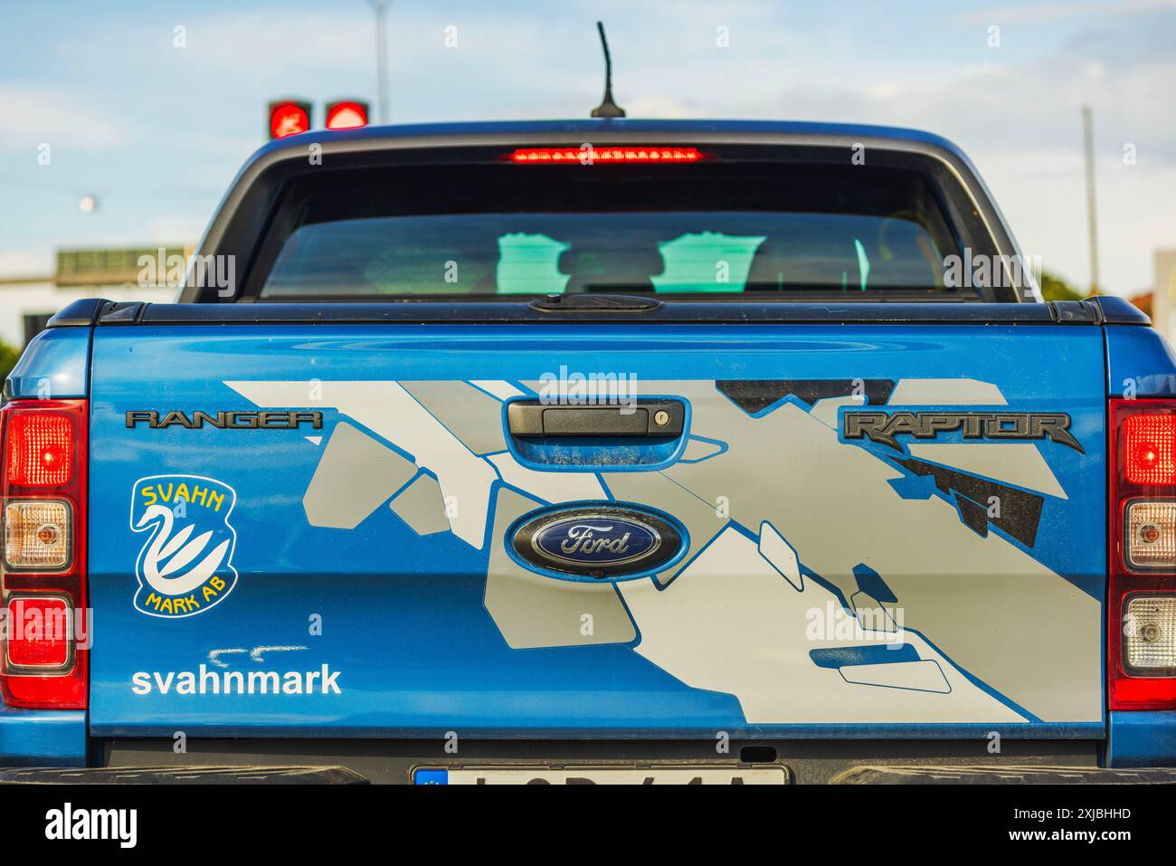 Back view of blue Ford Ranger Raptor pickup truck with Svahn Mark AB ...