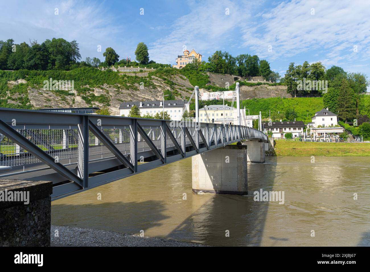 Salzburg, Austria. July 1, 2024. Müllnersteg bridge on the Salzbach ...
