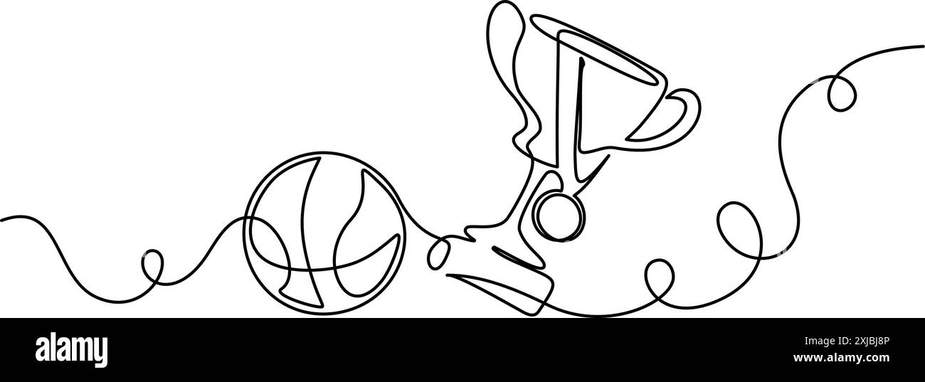 Trophy cup with medal and basketball ball. Continuous one line drawing ...