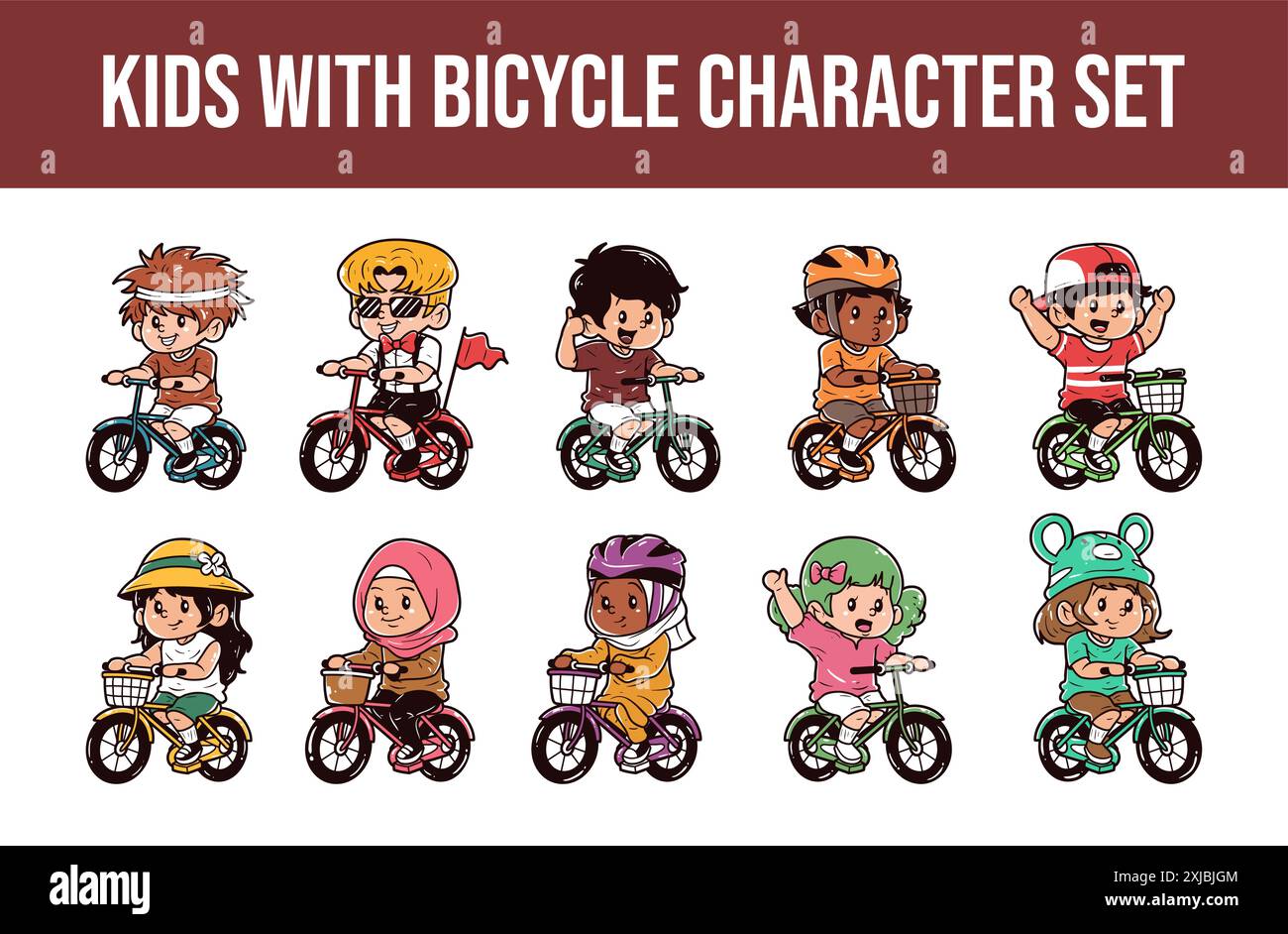 Kids with bicycle character vector illustration set Stock Vector Image ...