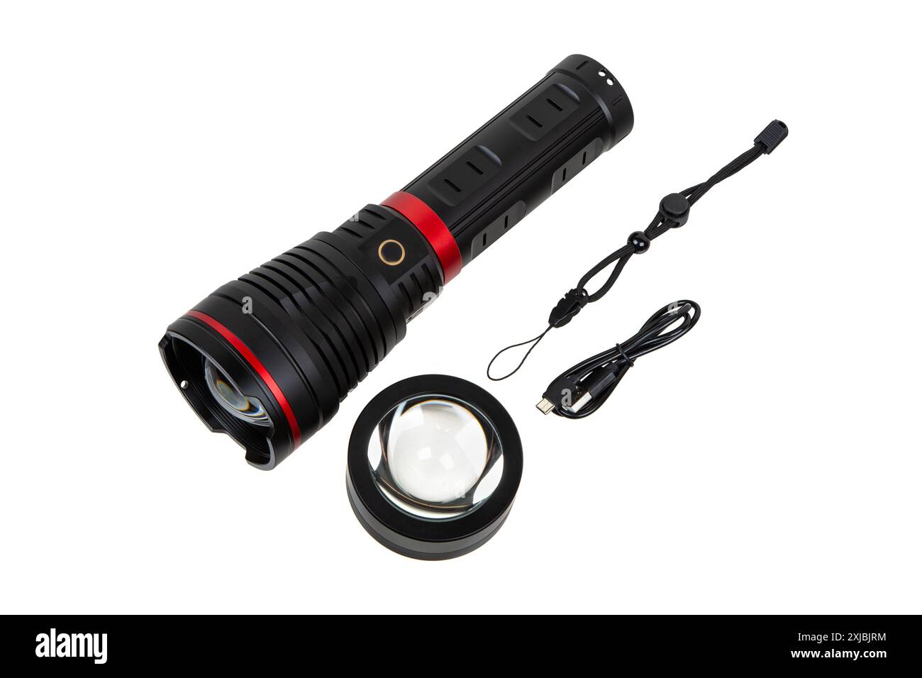 Modern metal LED flashlight in black color. Portable flashlight isolate ...