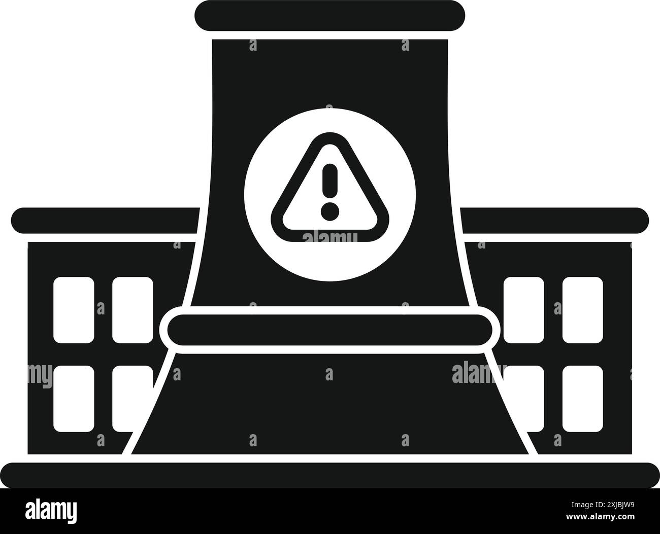 Black and white icon of a nuclear power plant with a warning sign ...