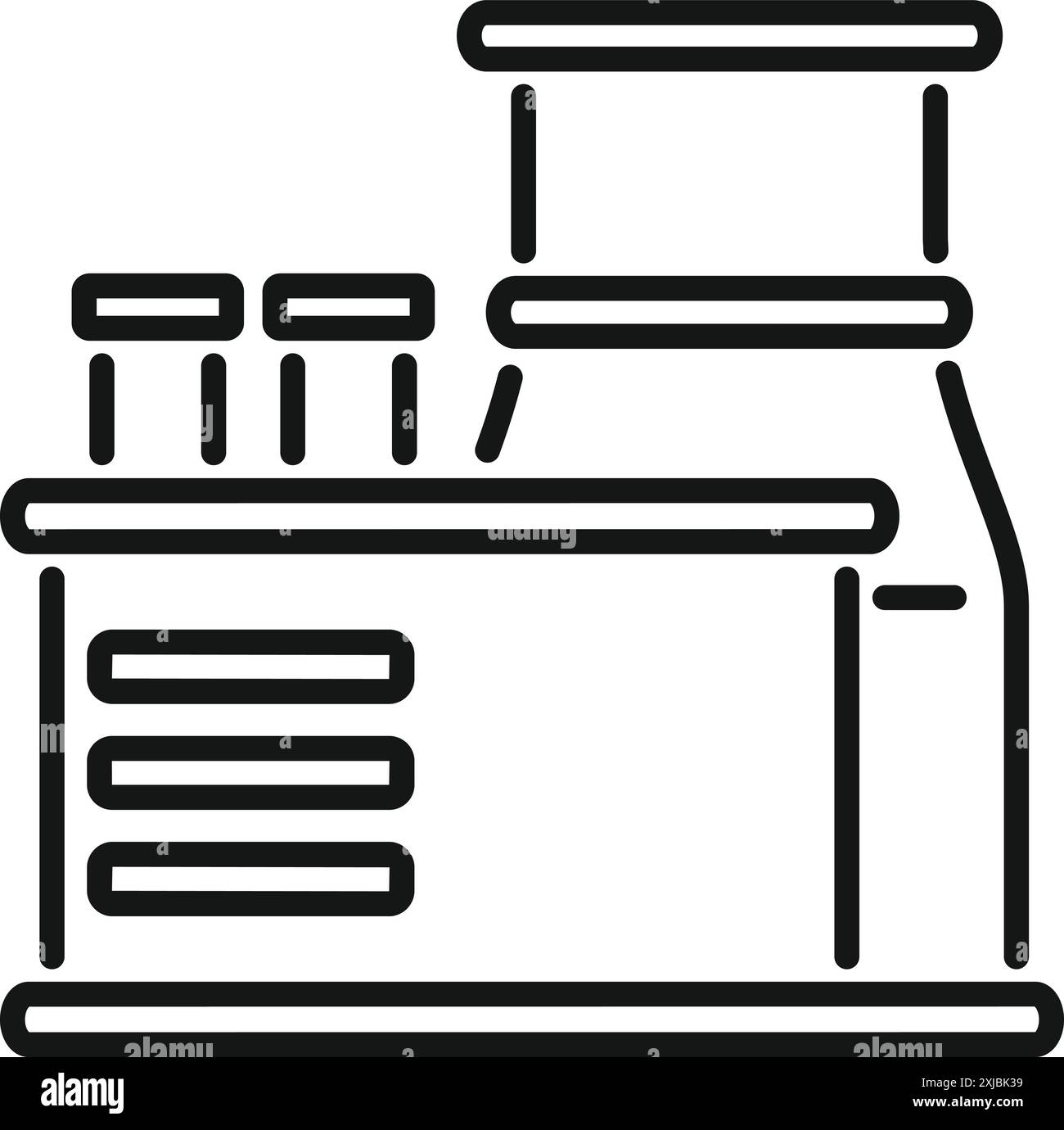 Line drawing of laboratory equipment showing glass flasks on a shelf ...