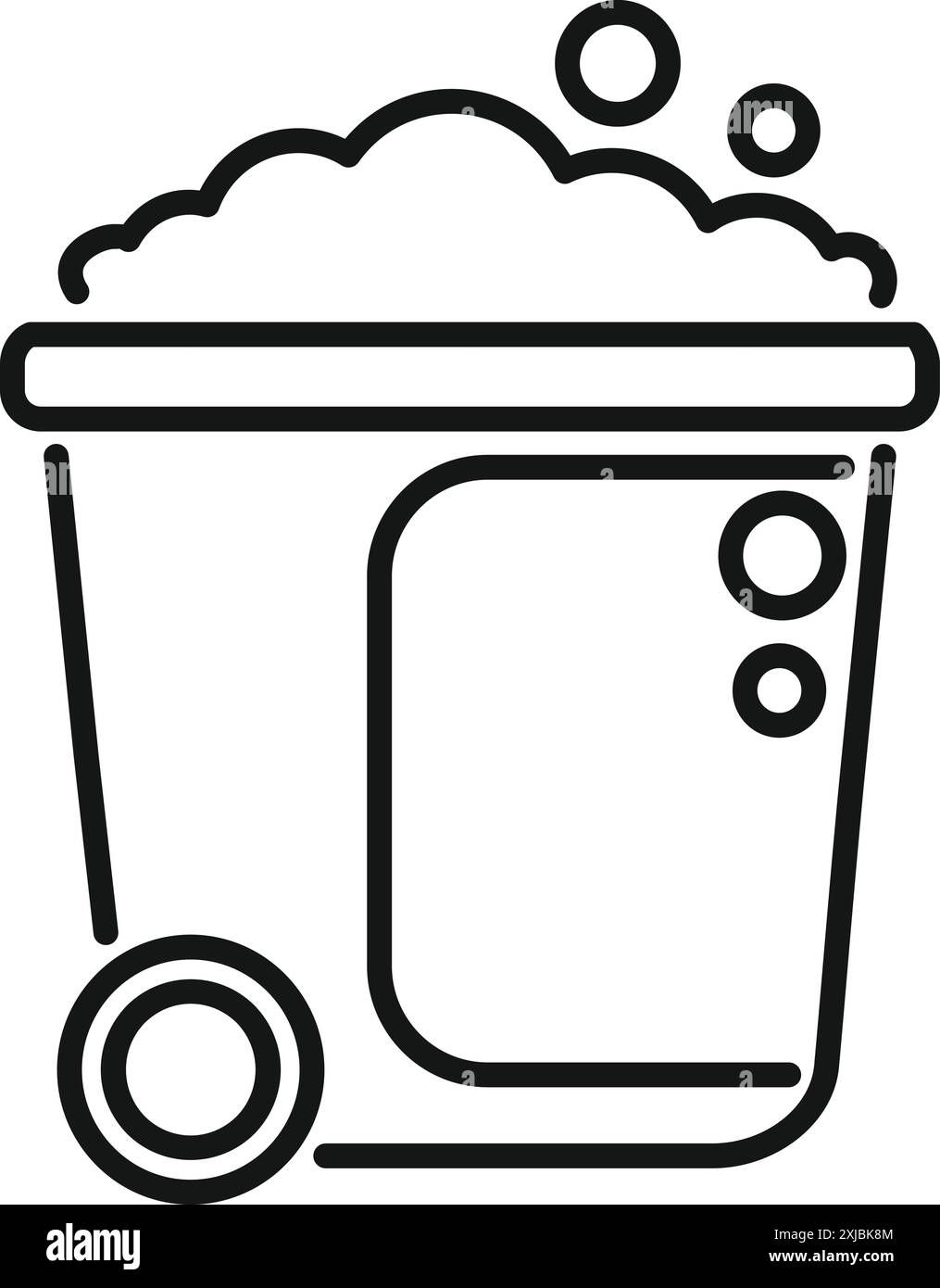 Line art icon of a garbage container full of trash with soap bubbles ...