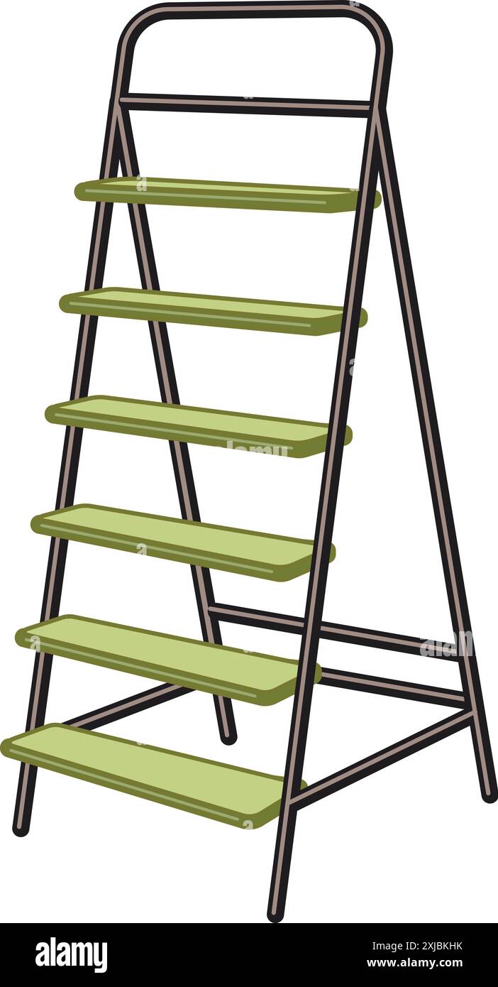Tall metal ladder shelf standing with wooden shelves on a white ...