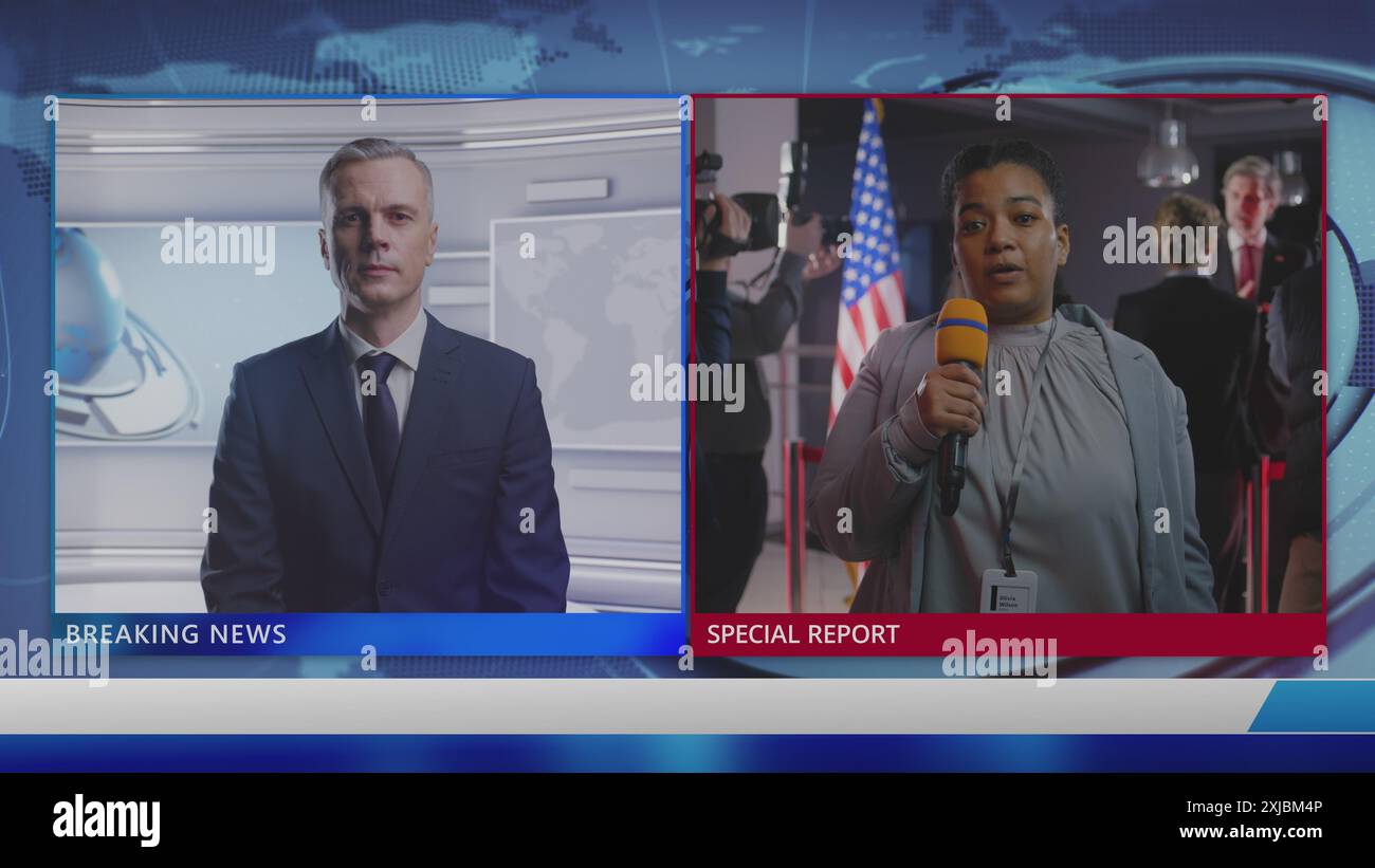 Male anchor in newsroom listens live report from African American ...