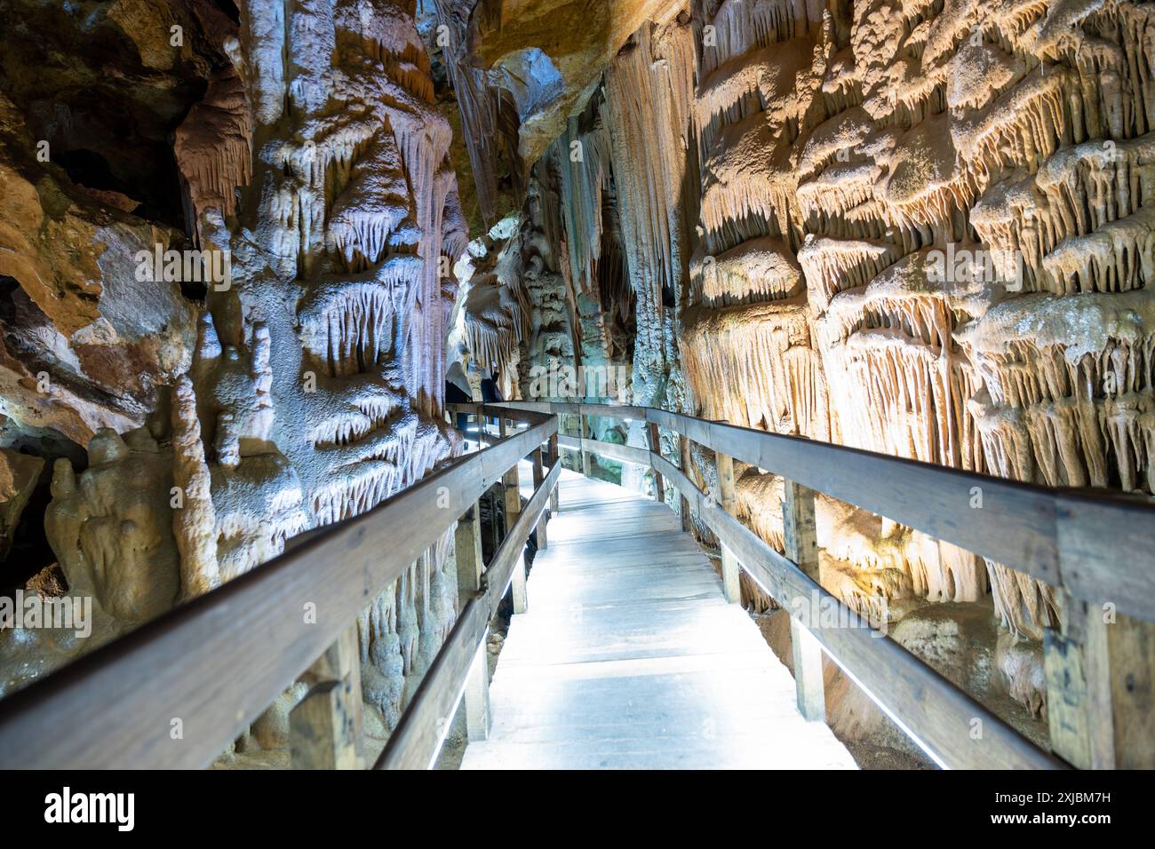 A detailed view of stalactites in a cave, characterized by elongated ...