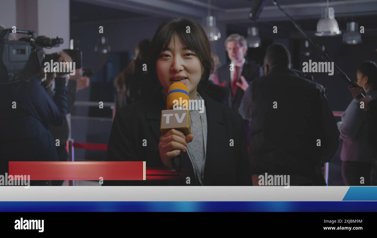 Asian female news anchor reports breaking news live on Election Day in ...