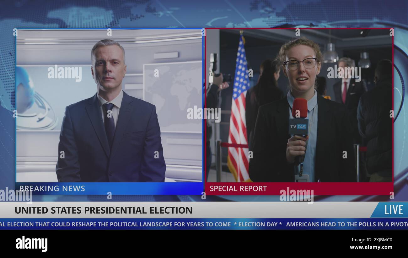 Male anchor in news studio listens live report from female journalist ...