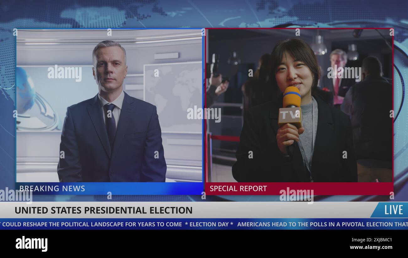 Male anchor in news studio listens live report from Asian female ...