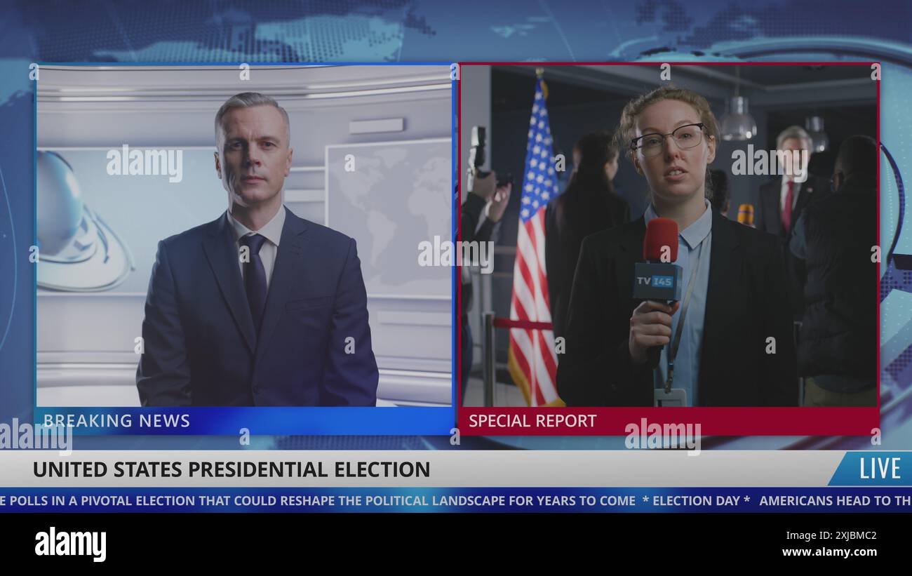 Male anchor in news studio listens live report from female journalist ...