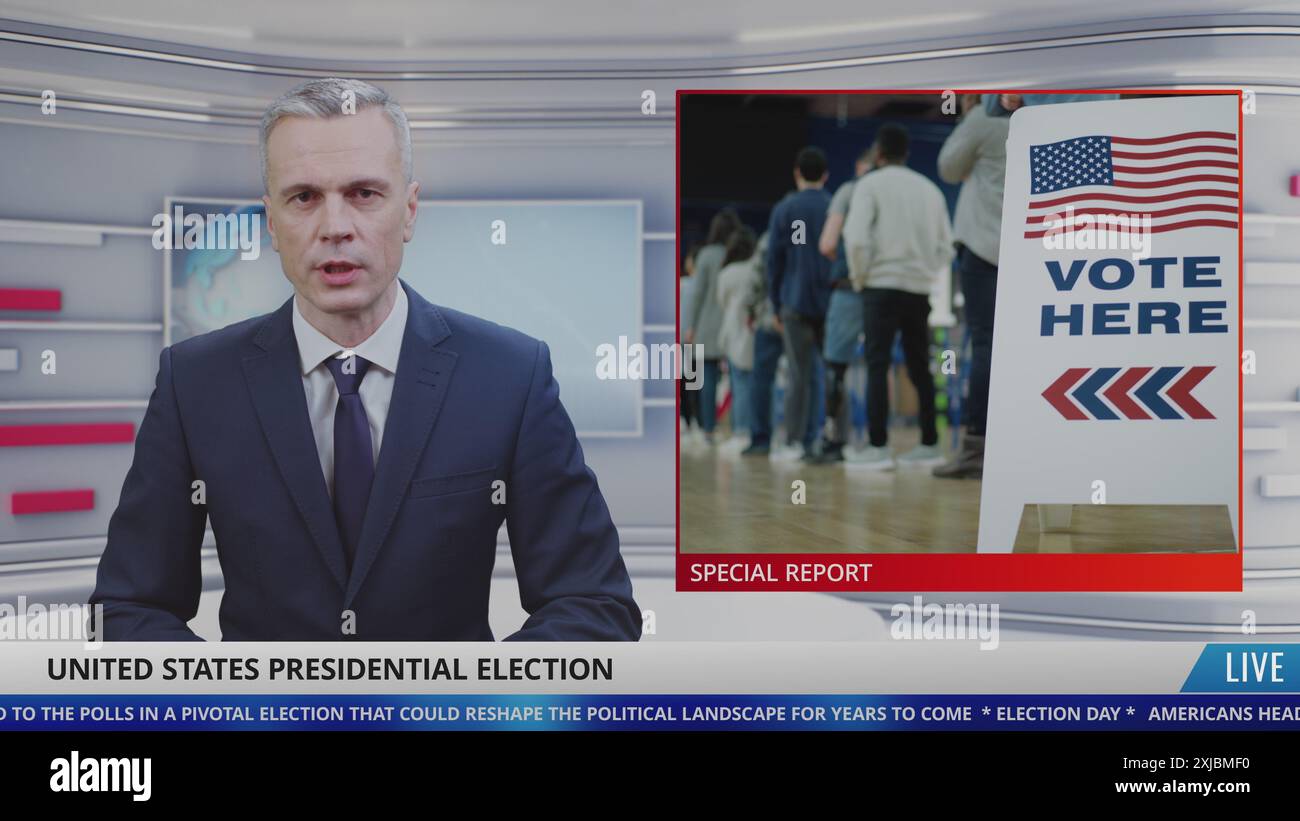 Male newscaster in studio reports breaking news about Presidential ...