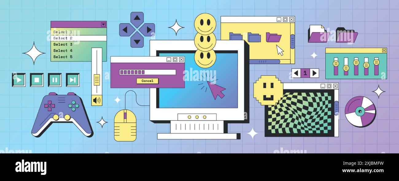 Old desktop pc screen elements in trendy y2k style. Retro computer ...