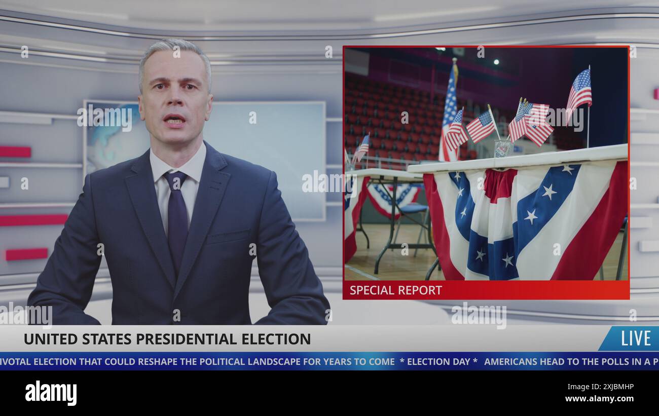 Male newscaster in studio reports breaking news about Presidential ...
