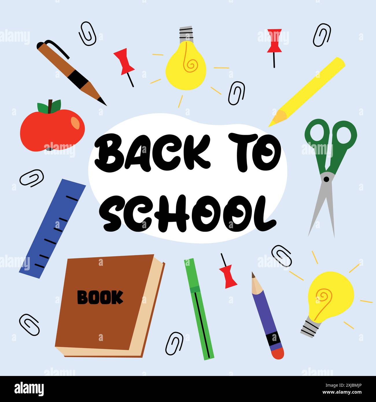 A colorful back to school illustration with essential school supplies ...