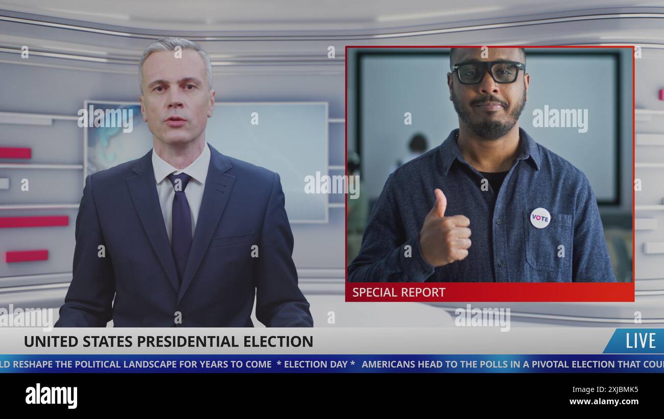 Male newscaster in studio reports breaking news about Presidential ...