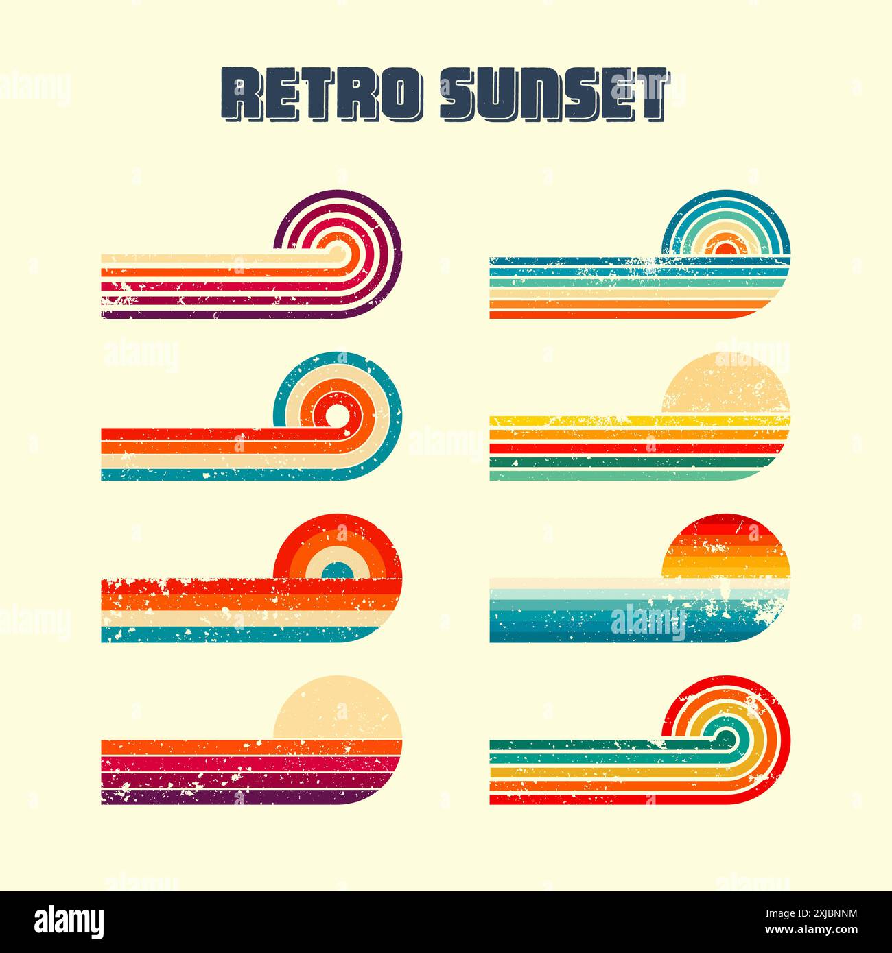 Grunge horizontal vintage sunsets. Various colorful striped sunrise ...