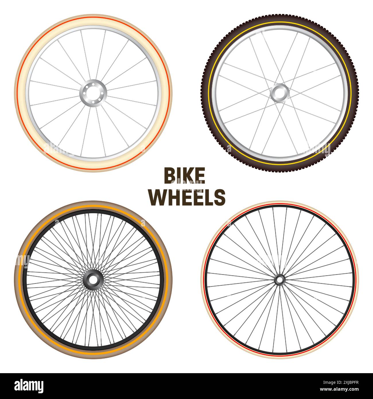 Realistic 3d retro bicycle wheels. Vintage bike rubber tyres, shiny ...