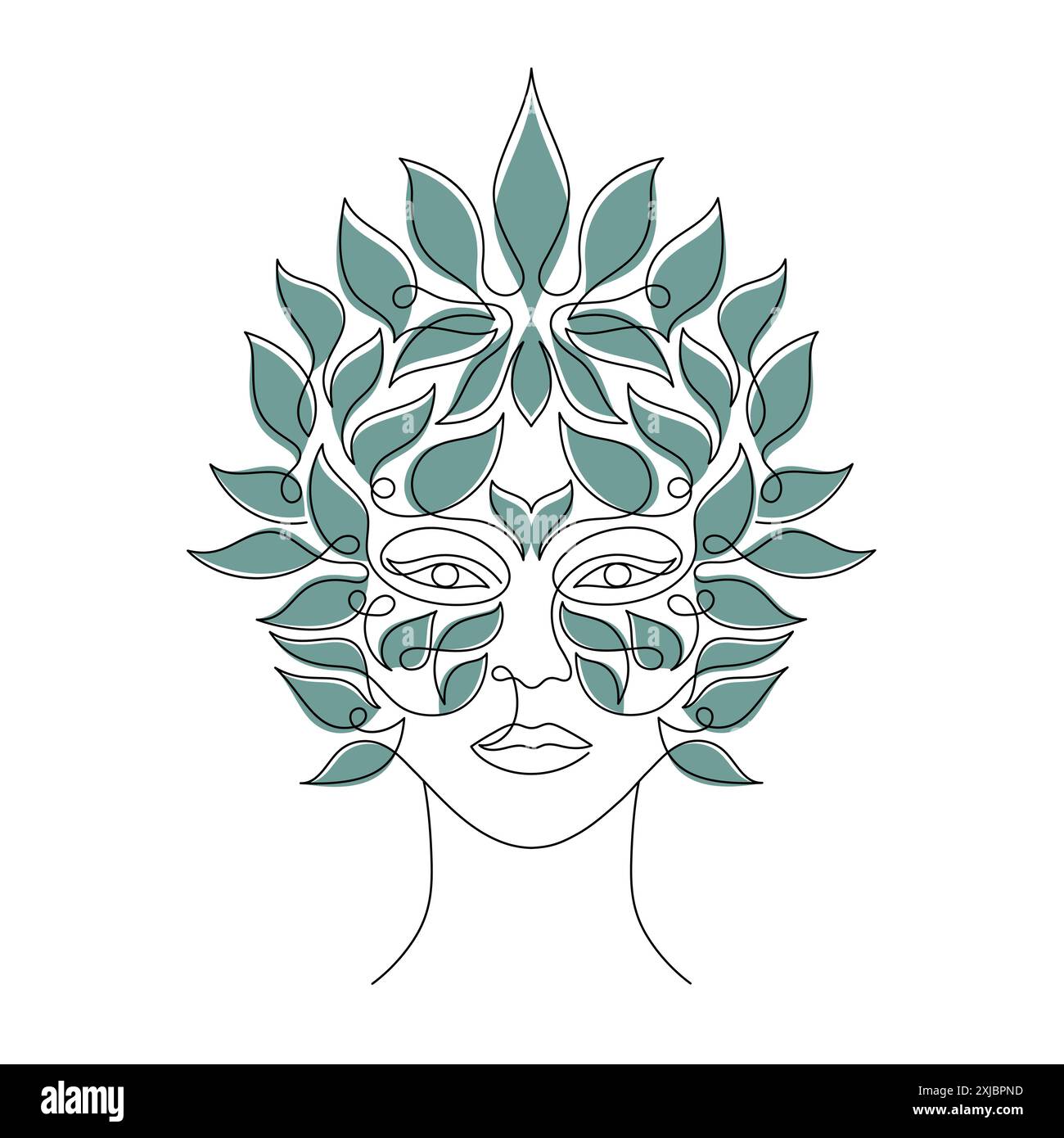 Image features a line drawing of a woman face with green leaves Stock ...