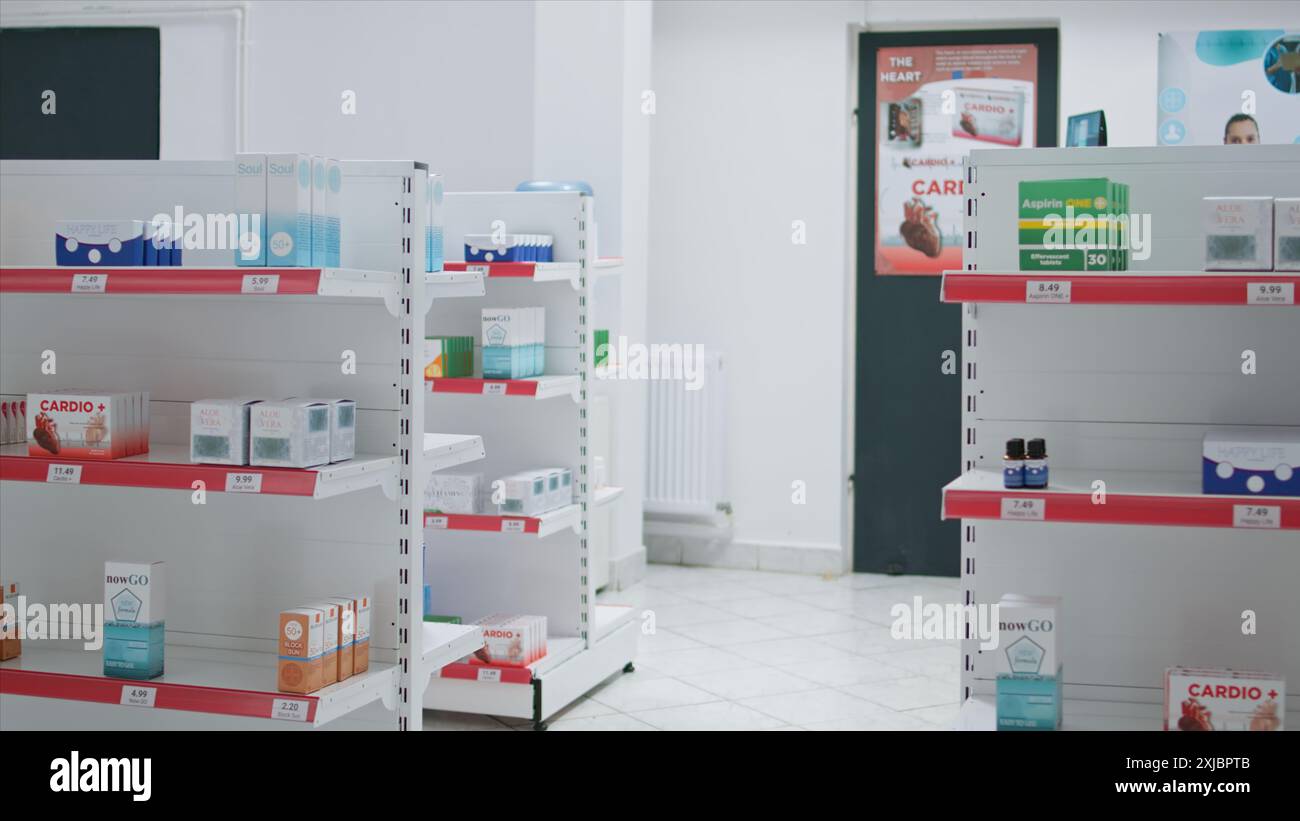 Empty healthcare facility with bottles and boxes of pills, retail shop ...