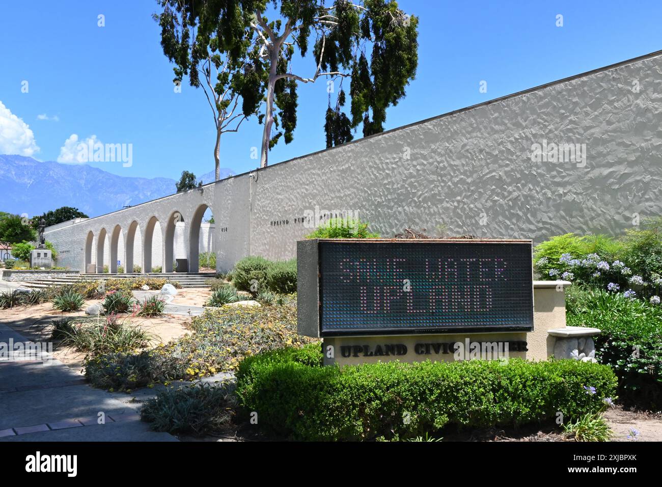 UPLAND, CALIFORNIA - 14 JULY 2024: Save Water sign at the Upland Civic ...
