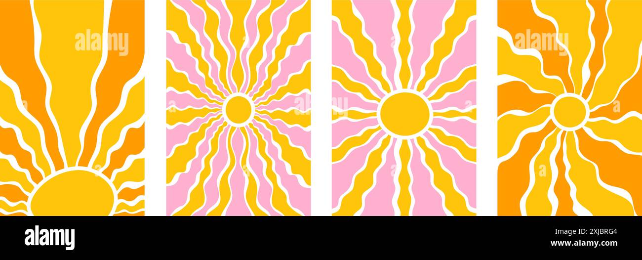 Groovy retro abstract sun backgrounds featuring organic doodle shapes ...