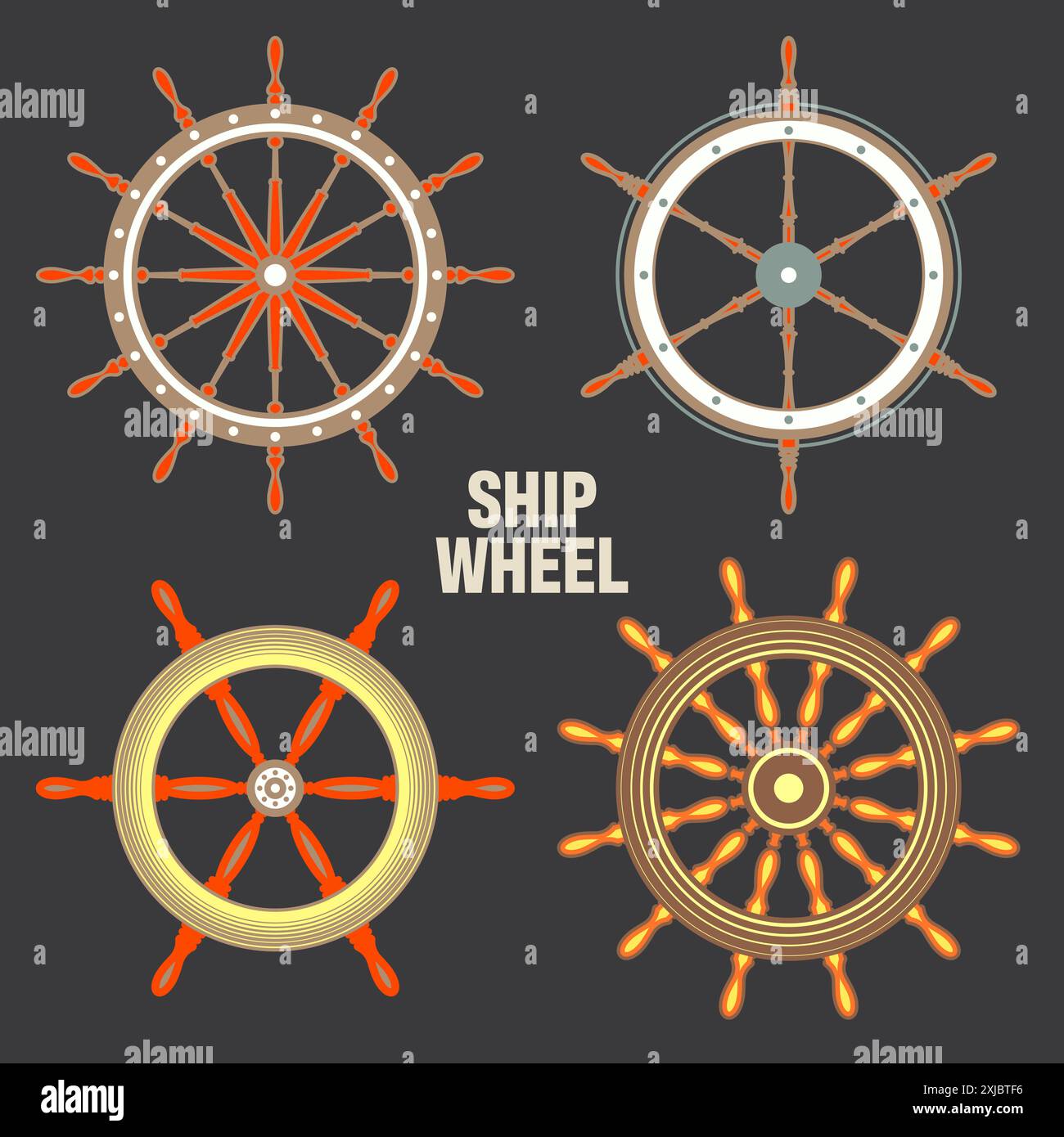 Wooden vintage steering wheels. Ship, sailboat or yacht retro wheel ...