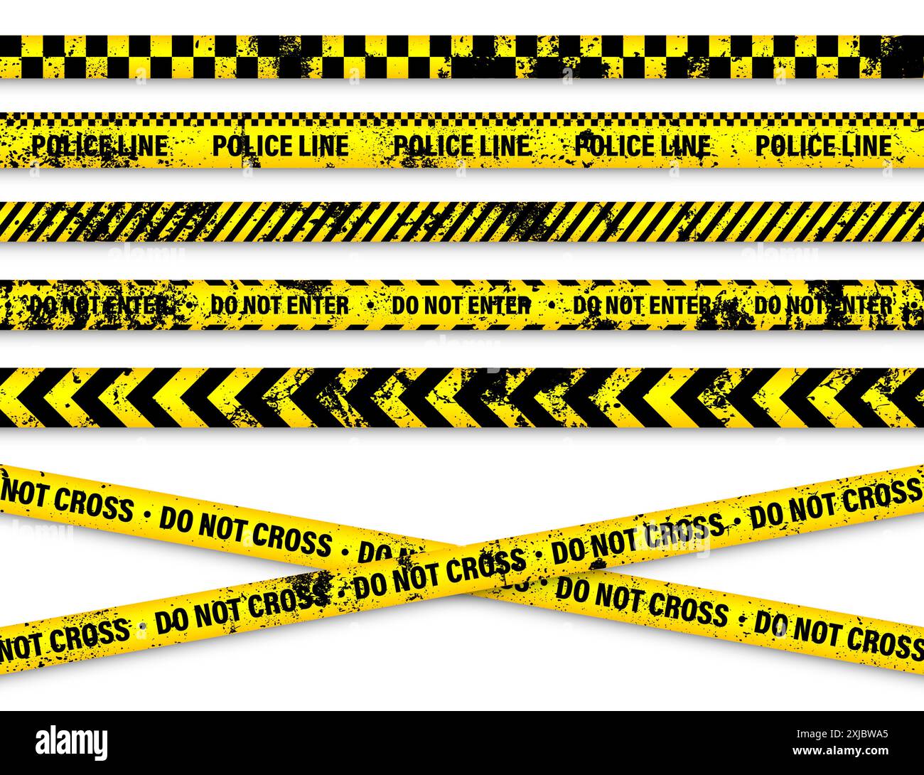 Old grunge barricade construction tape. Yellow police warning line ...