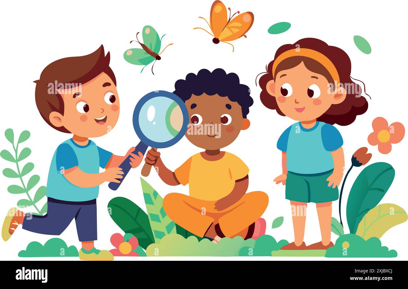 Kids exploring nature with magnifying glass and insects Stock Vector ...