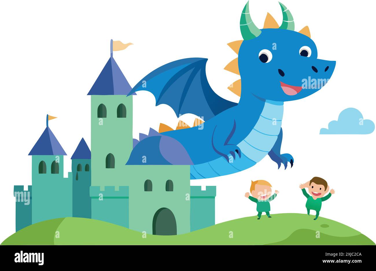 Blue dragon soaring above a castle while two happy children play on the ...