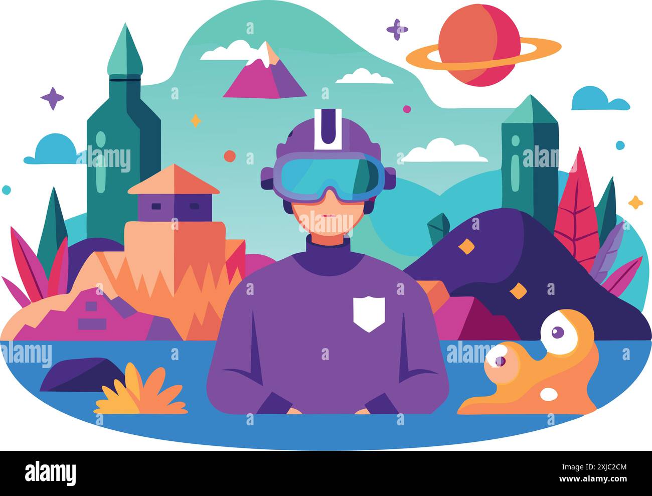 Illustration of an astronaut exploring a vibrant and whimsical alien ...