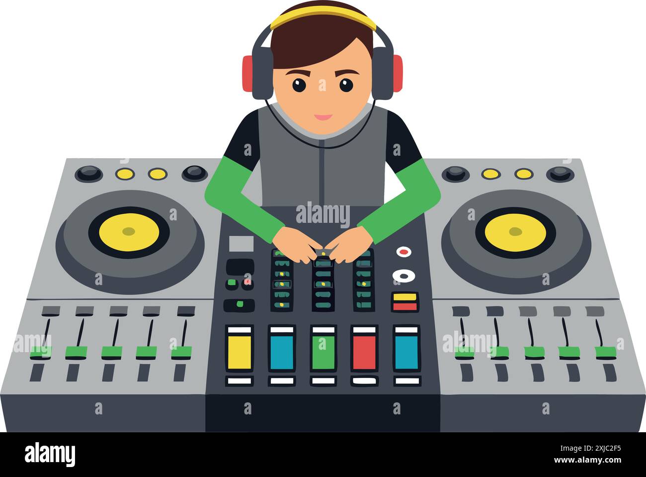 Illustration of a cartoon DJ mixing music on a DJ deck wearing ...