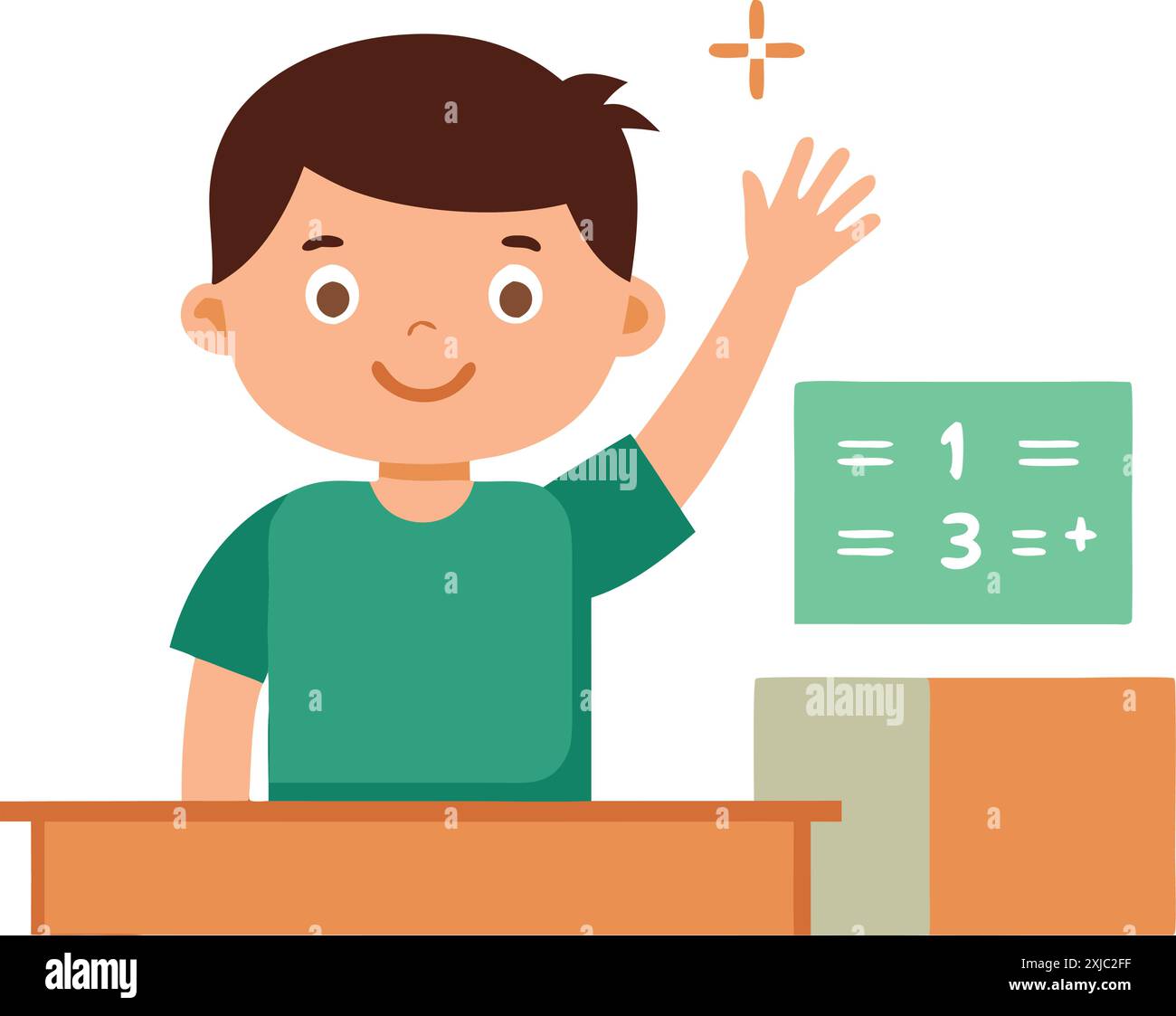 Illustration of a happy student raising a hand in a classroom, eager to ...