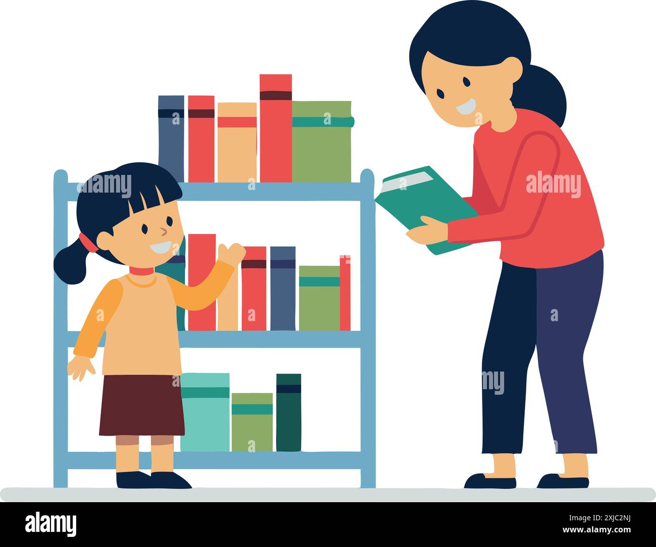 Cartoon illustration of a woman and child in a library reading books ...