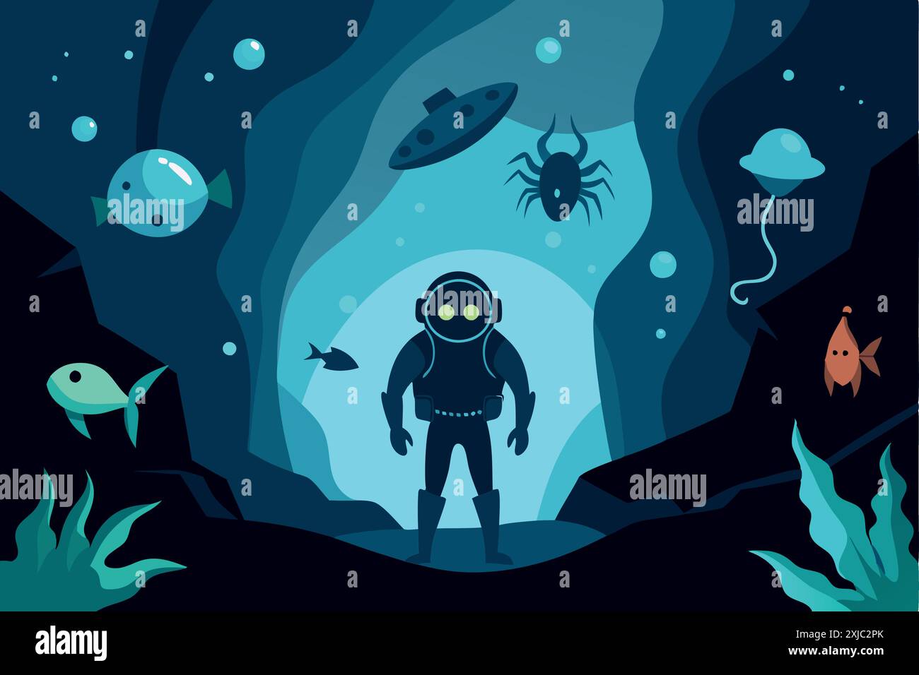 Surreal underwater illustration featuring a deep sea diver surrounded ...